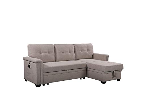 GLANZEND L-Shape Reversible Sectional Sofa with Storage Chaise, Linen Couch Pull Out Sleeper Bed with USB Charging Ports and Side Pocket for Living Room, Apartment, Dorm, Light Gray, 57Inch