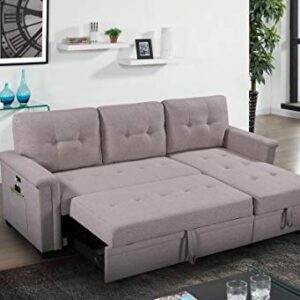 GLANZEND L-Shape Reversible Sectional Sofa with Storage Chaise, Linen Couch Pull Out Sleeper Bed with USB Charging Ports and Side Pocket for Living Room, Apartment, Dorm, Light Gray, 57Inch