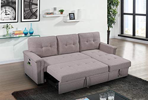 GLANZEND L-Shape Reversible Sectional Sofa with Storage Chaise, Linen Couch Pull Out Sleeper Bed with USB Charging Ports and Side Pocket for Living Room, Apartment, Dorm, Light Gray, 57Inch