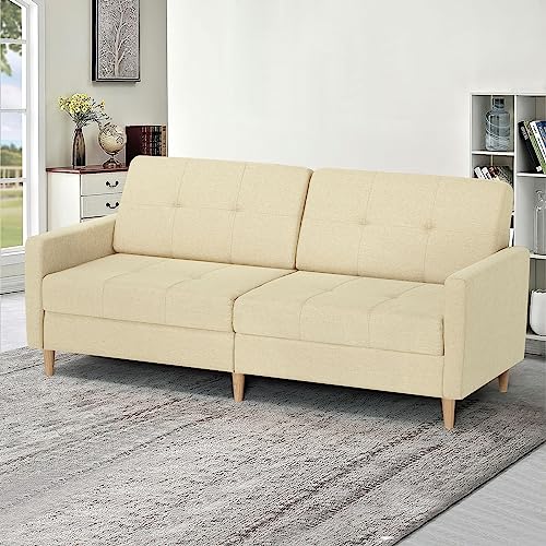 Imbesty Linen Upholstered Modern Convertible Folding Futon Sofa Bed, Adjustable Couch Sleeper Home Recliner Reversible Loveseat Folding Daybed Guest Bed for Compact Living Space, Apartment (Beige)