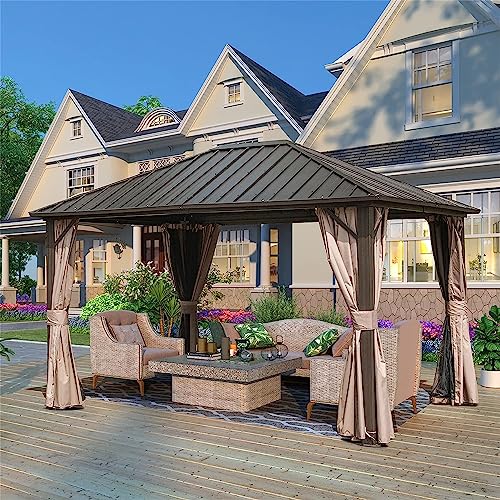 DHPM 10' x 12' Hardtop Gazebo Aluminum Outdoor Patio Gazebo with Curtain & Netting, Galvanized Steel Double Roof Canopy Gazebo for Garden, Patio & Lawn