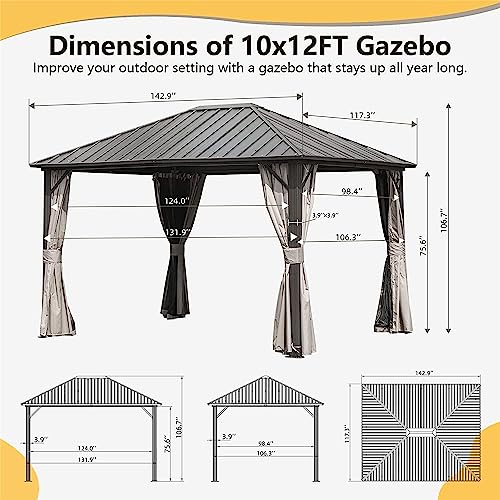 DHPM 10' x 12' Hardtop Gazebo Aluminum Outdoor Patio Gazebo with Curtain & Netting, Galvanized Steel Double Roof Canopy Gazebo for Garden, Patio & Lawn