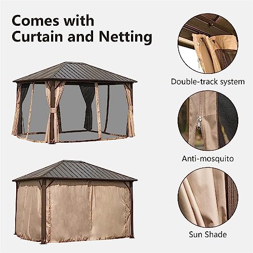 DHPM 10' x 12' Hardtop Gazebo Aluminum Outdoor Patio Gazebo with Curtain & Netting, Galvanized Steel Double Roof Canopy Gazebo for Garden, Patio & Lawn