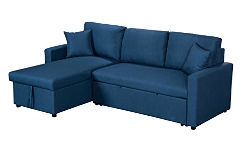 GLANZEND L-Shape Reversible Linen Sleeper Sectional Sofa with Storage Chaise, Corner Convertible Couch w/ 2 Throw Pillows for Living Room, Small Apartment, Dorm, Navy Blue, 57 Inch