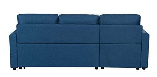 GLANZEND L-Shape Reversible Linen Sleeper Sectional Sofa with Storage Chaise, Corner Convertible Couch w/ 2 Throw Pillows for Living Room, Small Apartment, Dorm, Navy Blue, 57 Inch