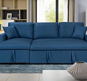 GLANZEND L-Shape Reversible Linen Sleeper Sectional Sofa with Storage Chaise, Corner Convertible Couch w/ 2 Throw Pillows for Living Room, Small Apartment, Dorm, Navy Blue, 57 Inch