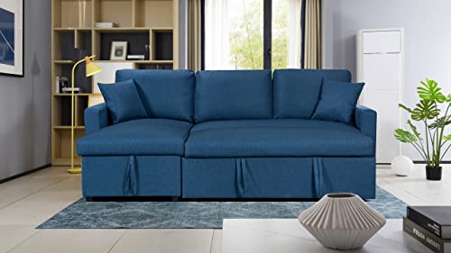 GLANZEND L-Shape Reversible Linen Sleeper Sectional Sofa with Storage Chaise, Corner Convertible Couch w/ 2 Throw Pillows for Living Room, Small Apartment, Dorm, Navy Blue, 57 Inch