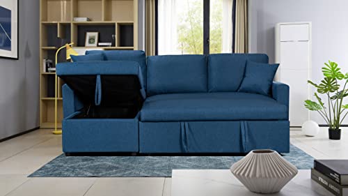 GLANZEND L-Shape Reversible Linen Sleeper Sectional Sofa with Storage Chaise, Corner Convertible Couch w/ 2 Throw Pillows for Living Room, Small Apartment, Dorm, Navy Blue, 57 Inch