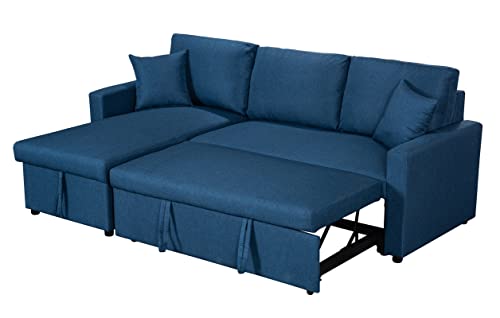 GLANZEND L-Shape Reversible Linen Sleeper Sectional Sofa with Storage Chaise, Corner Convertible Couch w/ 2 Throw Pillows for Living Room, Small Apartment, Dorm, Navy Blue, 57 Inch