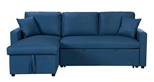 GLANZEND L-Shape Reversible Linen Sleeper Sectional Sofa with Storage Chaise, Corner Convertible Couch w/ 2 Throw Pillows for Living Room, Small Apartment, Dorm, Navy Blue, 57 Inch