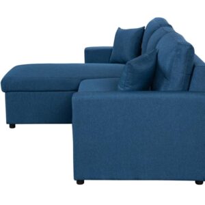 GLANZEND L-Shape Reversible Linen Sleeper Sectional Sofa with Storage Chaise, Corner Convertible Couch w/ 2 Throw Pillows for Living Room, Small Apartment, Dorm, Navy Blue, 57 Inch