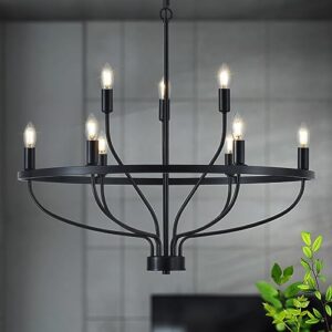 farmhouse 9-lights black chandelier, industrial vintage 30" candle style dining chandelier light fixture, retro modern black chandelier for dining room, kitchen island, living room, bar, e12