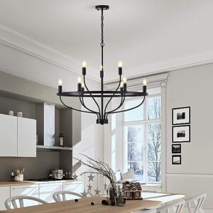 Farmhouse 9-Lights Black Chandelier, Industrial Vintage 30" Candle Style Dining Chandelier Light Fixture, Retro Modern Black Chandelier for Dining Room, Kitchen Island, Living Room, Bar, E12