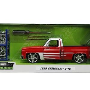 Just Trucks 1:24 1985 Chevy C10 Die-Cast Truck w/Tire Rack, Toys for Kids and Adults(Red/White)