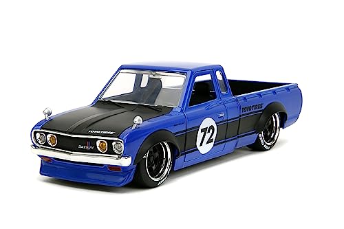 Just Trucks 1:24 Datsun 620 Pickup Die-Cast Truck w/Tire Rack, Toys for Kids and Adults(Blue/Black Stripe)