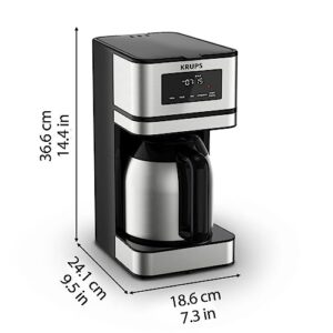 Krups Simply Brew Stainless Steel and Thermal Carafe Drip Coffee Maker 14 Cup Programmable, Customizable, Digital Display, Insulated Coffee Filter, Dishwasher Safe, Drip Free Silver and Black