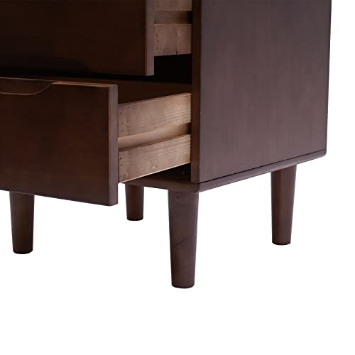 Nightstand Rubber Wood Mid Century Modern Wood Nightstands Side Table Bedroom Storage Drawer Bedside End Table, 2 Drawer, Night Stand Sofa Table for Small Spaces, Living Room, Walnut Brown