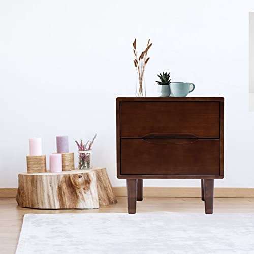 Nightstand Rubber Wood Mid Century Modern Wood Nightstands Side Table Bedroom Storage Drawer Bedside End Table, 2 Drawer, Night Stand Sofa Table for Small Spaces, Living Room, Walnut Brown