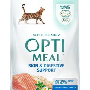 OPtimeal Skin & Sensitive Stomach Cat Food - Proudly Ukrainian - Healthy Cat Food Dry Recipe for Skin & Digestive Support, Tasty Dry Cat Food for Pets (3.3 lbs, Salmon & Brown Rice)