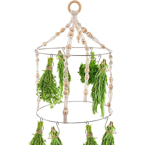 Flower Drying Rack, Stainless Steel Boho Drying Rack, Handwoven Wooden Decorative Drying Hanger with 15 Hooks, Durable Hanging Herb Rack with Cotton Rope, Easy to Use Herb Dryer for Hydroponic Plants