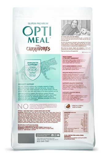 OPtimeal Grain Free Cat Food - Proudly Ukrainian - Healthy Cat Food Dry Recipe for Gut Health, Tasty Dry Cat Food with Immunity Support for Adult Cats (3.3 lbs, Turkey & Veggies)