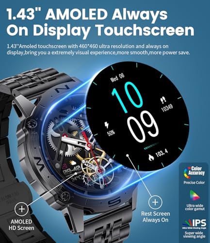 Smart Watches for Men,1.43'' Amoled Ultra HD Sport Watch with 120+Sport Modes/5ATM Waterproof/45Days Battery,in&Outdoor Fitness Tracker with Call,Heart Rate/Sleep Monitor for Android iOS(2 Straps)