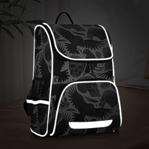 Sletend Backpack Gothic Crows Skulls Gothic School Backpack Travel Hiking Large Capacity Causal Daypack Bookbag Laptop Schoolbag with Reflective Tape for Boys Girls Adults