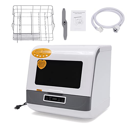 HinLIaDa Portable Dishwasher Countertop, Mini Dishwasher with 3 Programs Standard, Fast & Strong 360° Dual Spray 75℉ Hot Air Drying Professional Complete Dishwasher for Dorm, RV& Apartment, White