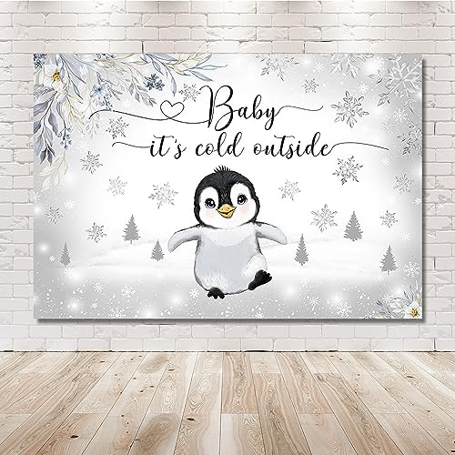 MEHOFOND 7x5ft Penguin Winter Baby Shower Backdrop Baby It's Cold Outside Background Silver Gliter Artic Animals Baby Shower Party Banner Decorations Photo Booth Props