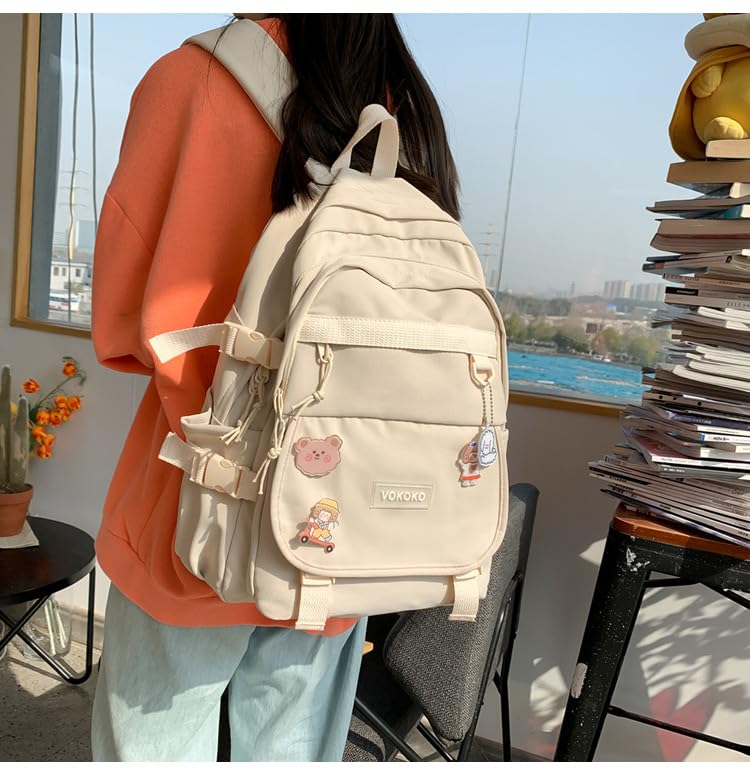 FORJMMP Aesthetic Backpack with Cute Pins, Anti-theft Casual Daypack for Women (White)