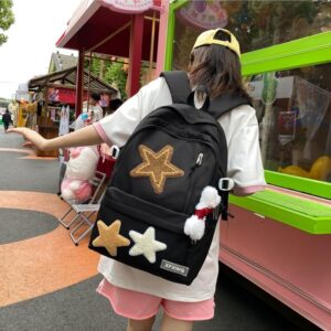 MININAI Y2k Backpack with Kawaii Pendant Aesthetic Star Backpack Cute Preppy Laptop Book Bag Back to College Supplie (Black,One Size)