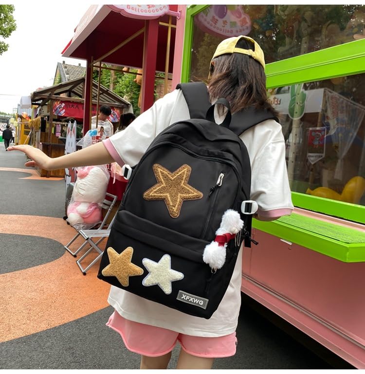 MININAI Y2k Backpack with Kawaii Pendant Aesthetic Star Backpack Cute Preppy Laptop Book Bag Back to College Supplie (Black,One Size)