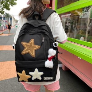 MININAI Y2k Backpack with Kawaii Pendant Aesthetic Star Backpack Cute Preppy Laptop Book Bag Back to College Supplie (Black,One Size)