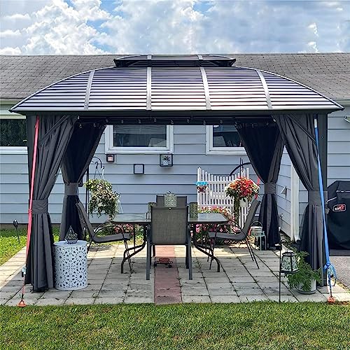 Jaxenor 10'x12' Aluminum Double Roof Gazebo with Galvanized Steel Canopy - Hardtop Gazebo, Aluminum Frame Tent with Zippered Mosquito Netting and Privacy Sidewall - Black