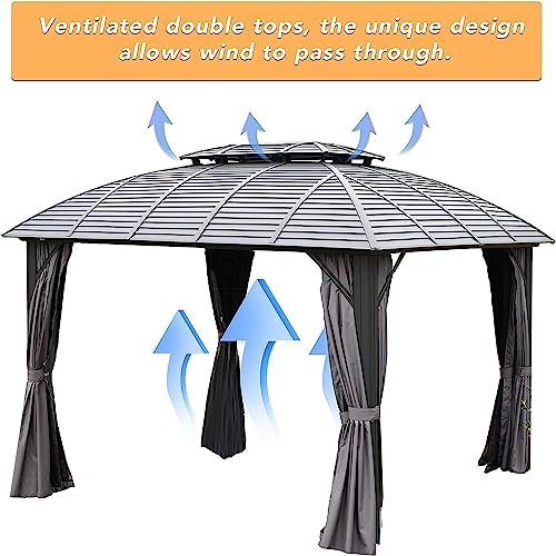 Jaxenor 10'x12' Aluminum Double Roof Gazebo with Galvanized Steel Canopy - Hardtop Gazebo, Aluminum Frame Tent with Zippered Mosquito Netting and Privacy Sidewall - Black