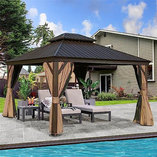 Jaxenor Outdoor Aluminum Frame Canopy - 12'x14' Hardtop Gazebo with Galvanized Steel Double Roof - Permanent Metal Pavilion for Patio, Backyard, and Lawn - Includes Curtains and Netting - Brown