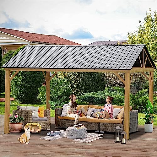 Jaxenor Outdoor Aluminum Gazebo - 12'x14' Hardtop with Galvanized Steel Gable Canopy for Patio Decks and Backyard - Yellow-Brown