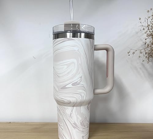 Thirst Trap Drinkware 40 OZ Swirl Tumbler with handle, 2.0 lid and straw, stainless steel travel mug for cold & warm drinks (Rose Quartz Swirl)