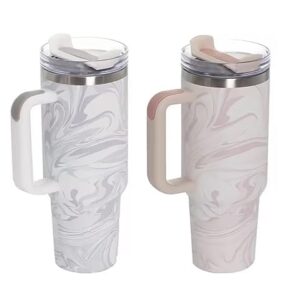 Thirst Trap Drinkware 40 OZ Swirl Tumbler with handle, 2.0 lid and straw, stainless steel travel mug for cold & warm drinks (Rose Quartz Swirl)