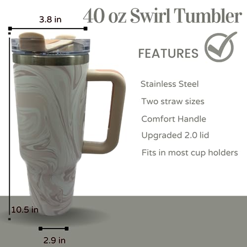 Thirst Trap Drinkware 40 OZ Swirl Tumbler with handle, 2.0 lid and straw, stainless steel travel mug for cold & warm drinks (Rose Quartz Swirl)