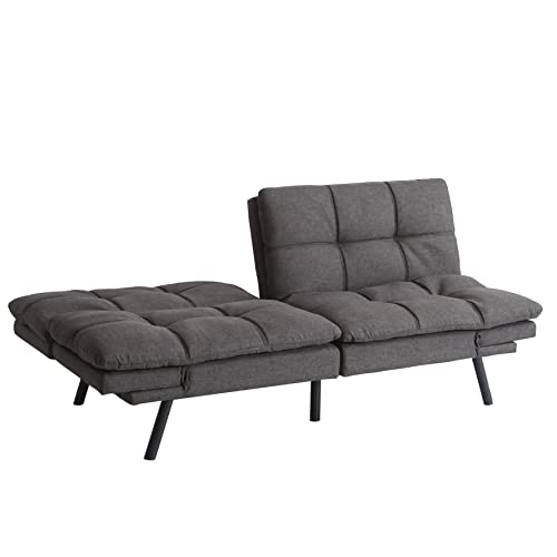 GLANZEND Modern Convertible Futon Sofa Bed, Memory Foam Loveseat Couch, Folding Sleeper Daybed with Adjustable Armrests, for Living Room Apartment Office,Small Space, Dark Gray, Grey