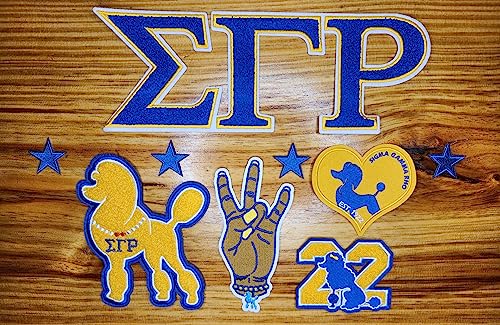 5 pc Blue and Gold Sigma Gamma Rho Iron on Chenille and Embroidered Patch Set.