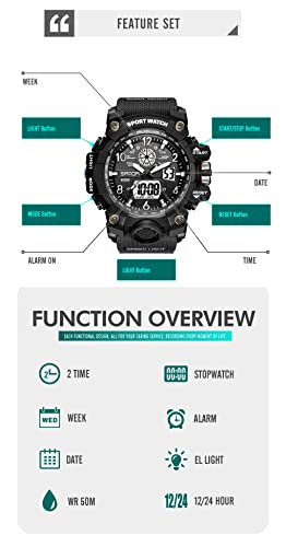 KXAITO Men's Watches Sports Outdoor Waterproof Military Watch Date Multi Function Tactics LED Face Alarm Stopwatch for Men (3169 Silver)