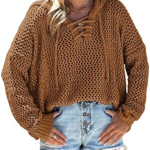 EVALESS Fall Sweaters for Women 2023 Long Sleeve Cover Ups for Swimwear Women Knitted Hollow Out Sweater V Neck Drawstring Chunky Cutout Sweater Crochet Hoodie Pullover Khaki M