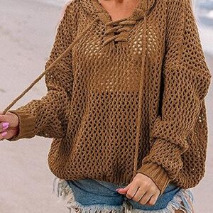 EVALESS Fall Sweaters for Women 2023 Long Sleeve Cover Ups for Swimwear Women Knitted Hollow Out Sweater V Neck Drawstring Chunky Cutout Sweater Crochet Hoodie Pullover Khaki M