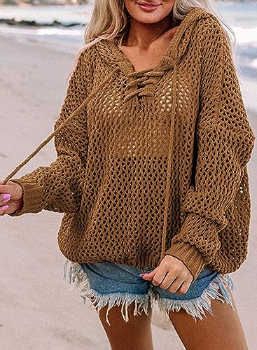 EVALESS Fall Sweaters for Women 2023 Long Sleeve Cover Ups for Swimwear Women Knitted Hollow Out Sweater V Neck Drawstring Chunky Cutout Sweater Crochet Hoodie Pullover Khaki M