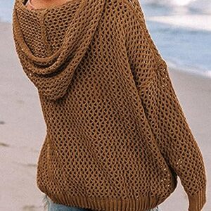 EVALESS Fall Sweaters for Women 2023 Long Sleeve Cover Ups for Swimwear Women Knitted Hollow Out Sweater V Neck Drawstring Chunky Cutout Sweater Crochet Hoodie Pullover Khaki M