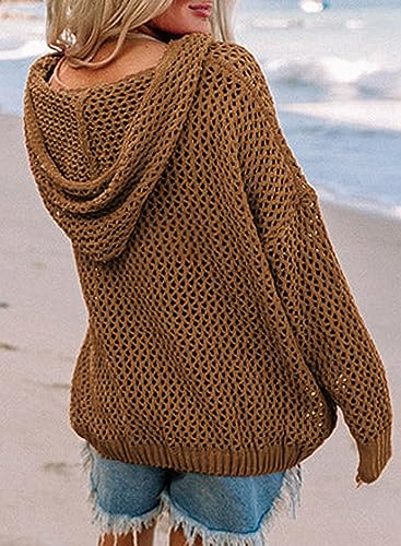 EVALESS Fall Sweaters for Women 2023 Long Sleeve Cover Ups for Swimwear Women Knitted Hollow Out Sweater V Neck Drawstring Chunky Cutout Sweater Crochet Hoodie Pullover Khaki M