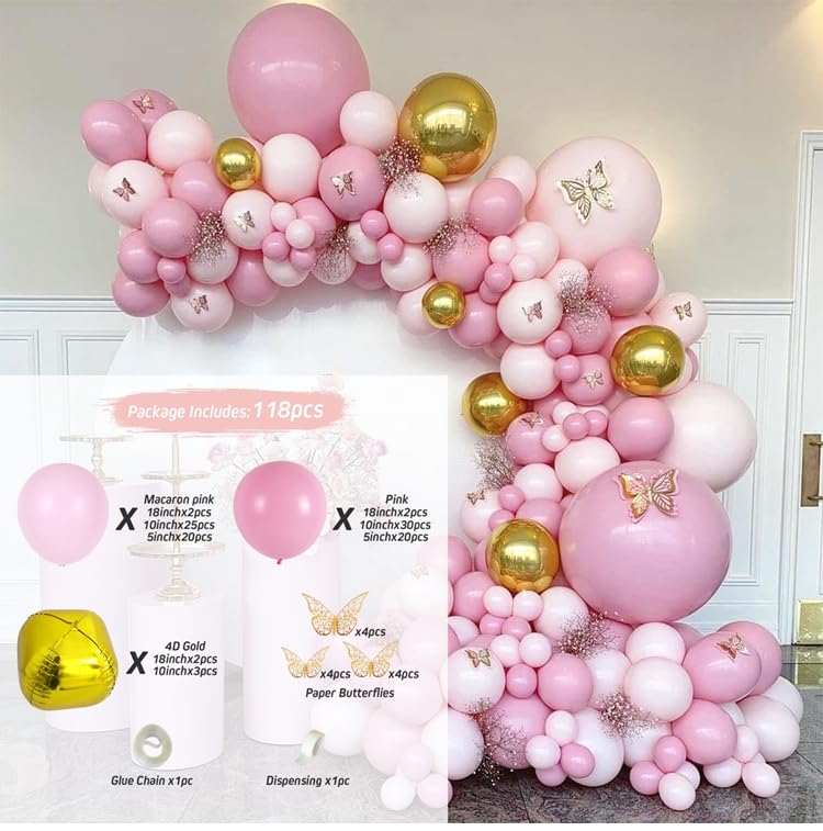 Pink and Gold Butterly Garland Ballon Arch Set Kit 118 pcs