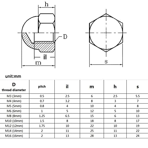 ZIFARM Nuts, 2pcs Stainless Steel Hex Acorn Nut Cap Decorative Cover Dome Nuts (Size : M5)